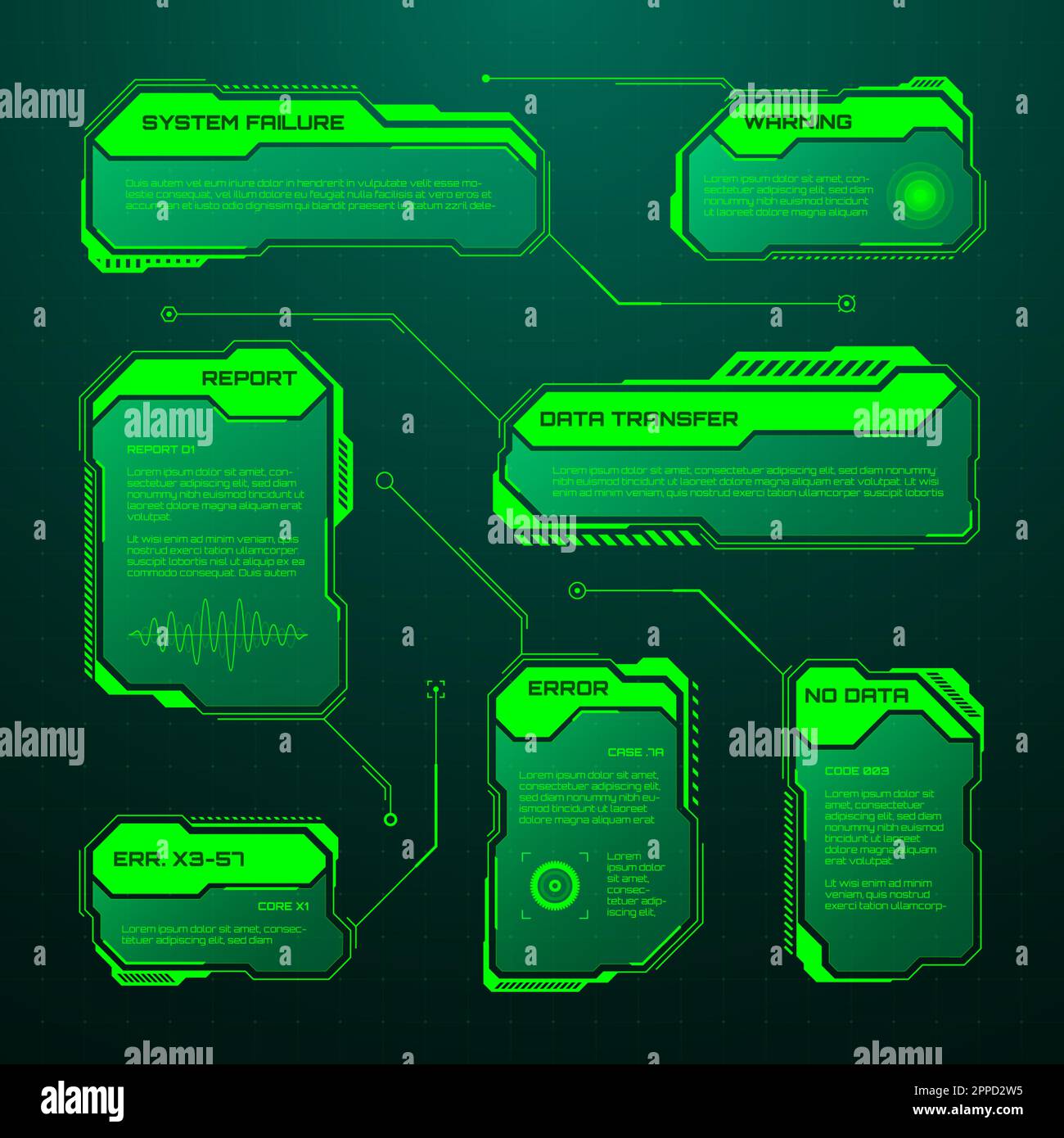 Green futuristic HUD, UI elements. Sci-fi user interface text boxes ...