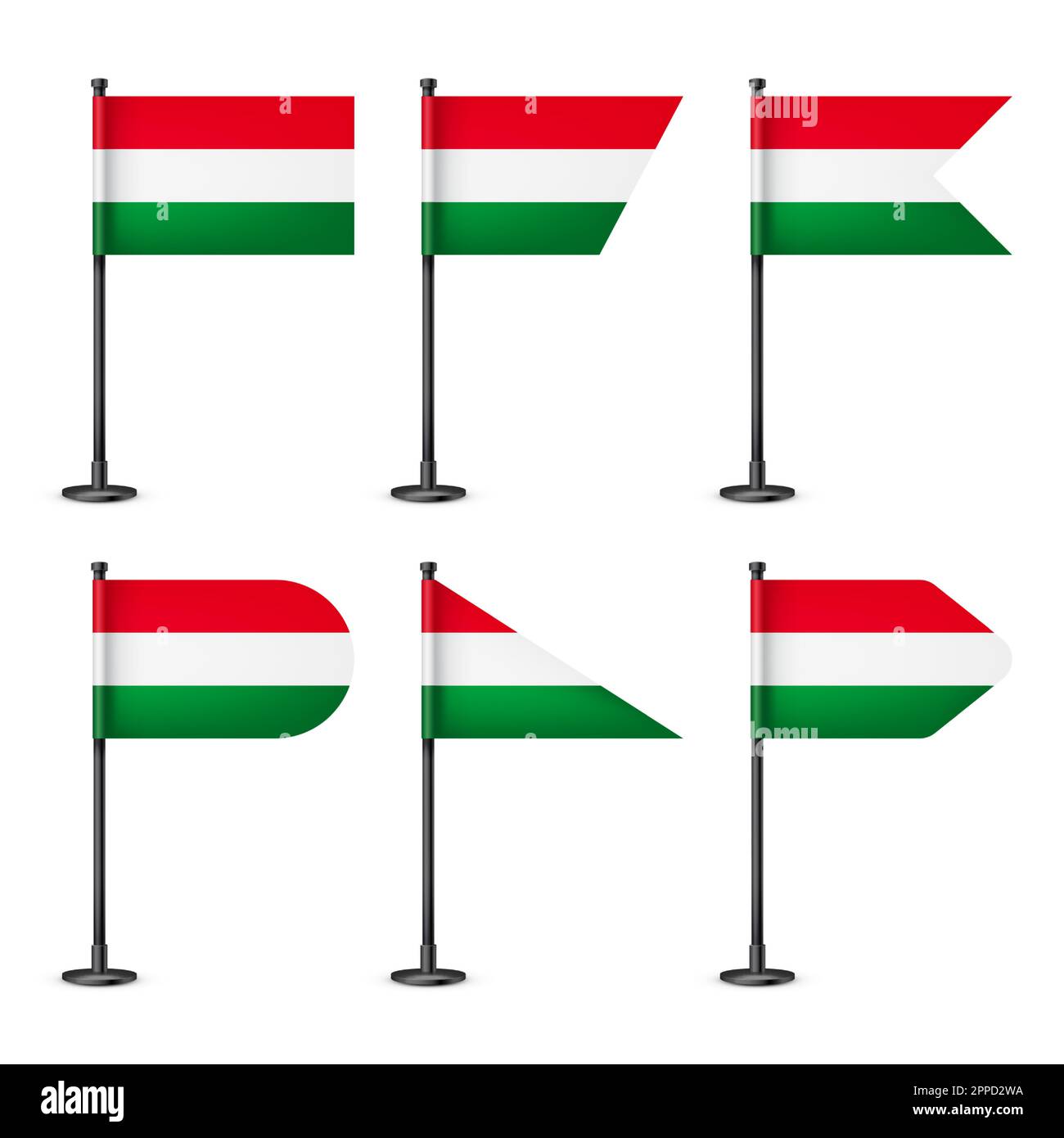 Realistic various Hungarian table flags on a black steel pole. Souvenir ...