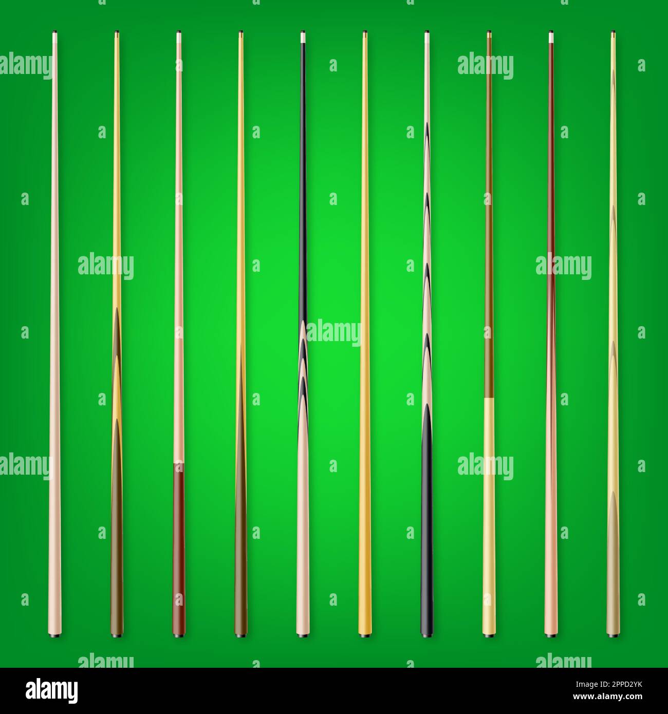 Various wooden billiard cues on green background. Snooker sports ...