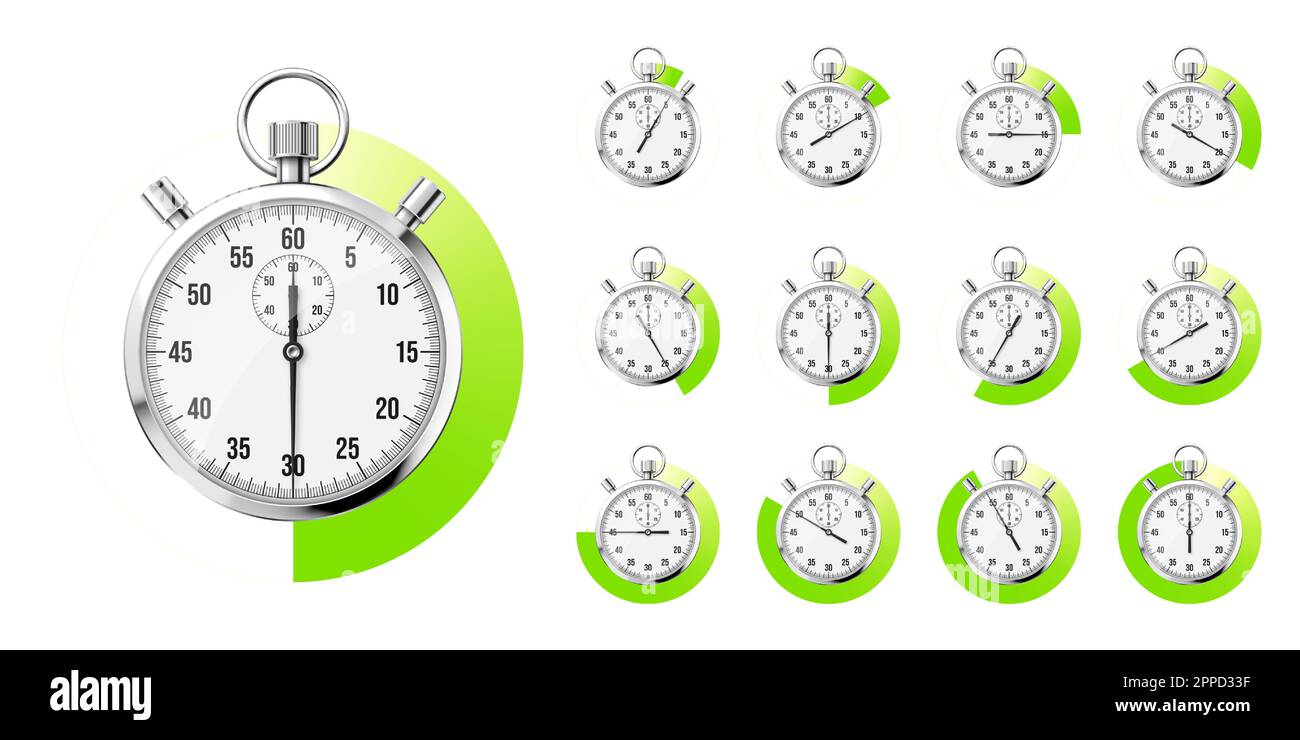 Realistic classic stopwatch. Shiny metal chronometer, time counter with ...