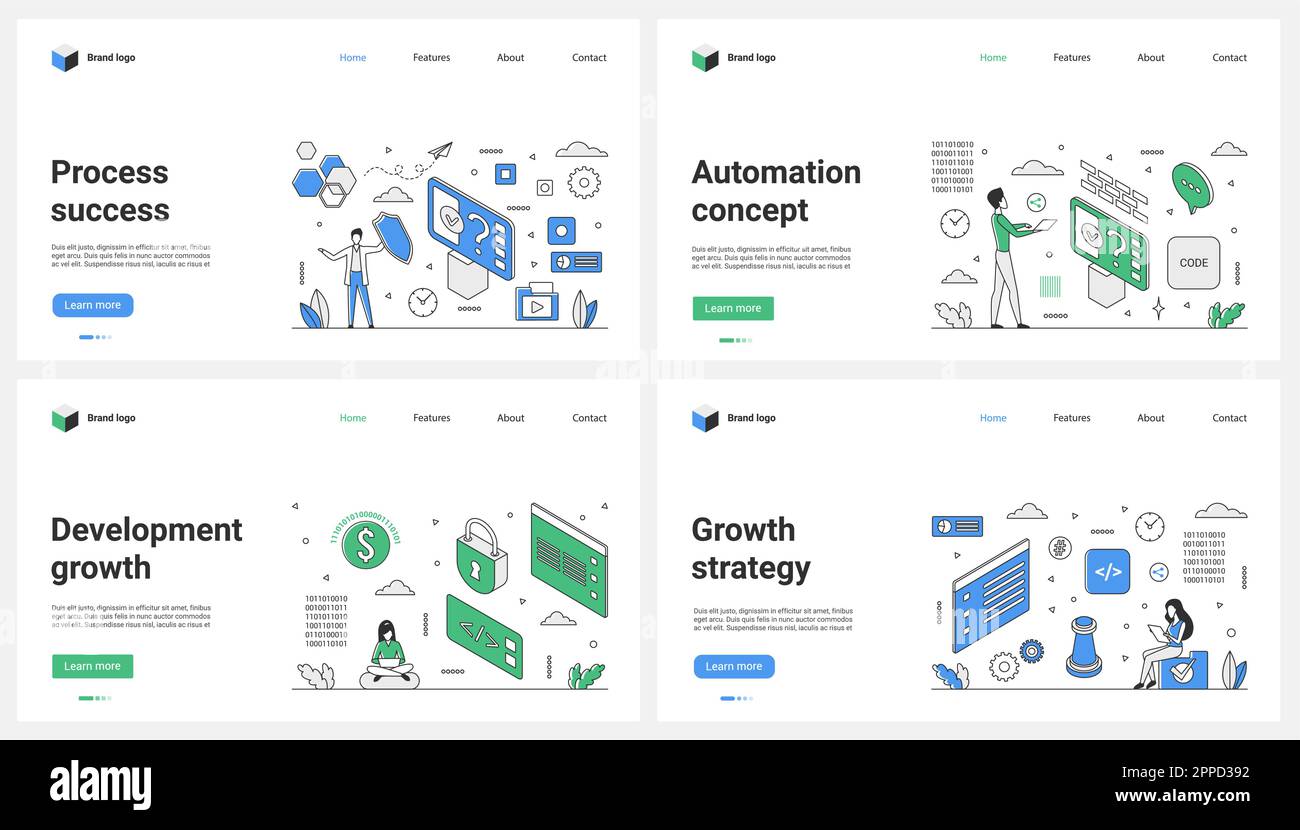 Business growth strategy and success processes, system automation set vector illustration ...