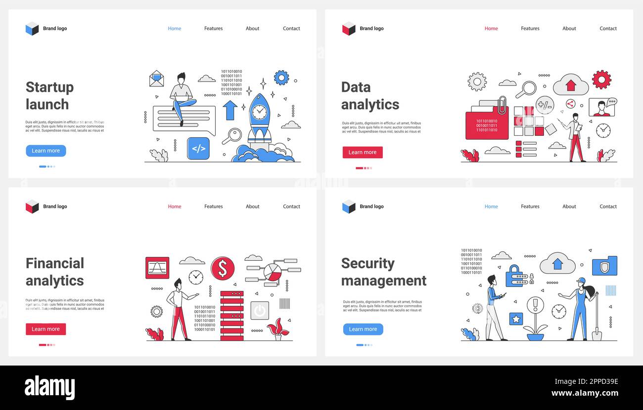Startup launch and financial data analytics, secure management set vector illustration. Cartoon ...