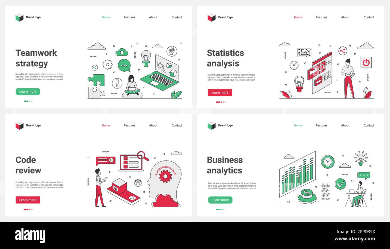 Business analytics and statistics, code review, teamwork strategy set vector illustration ...