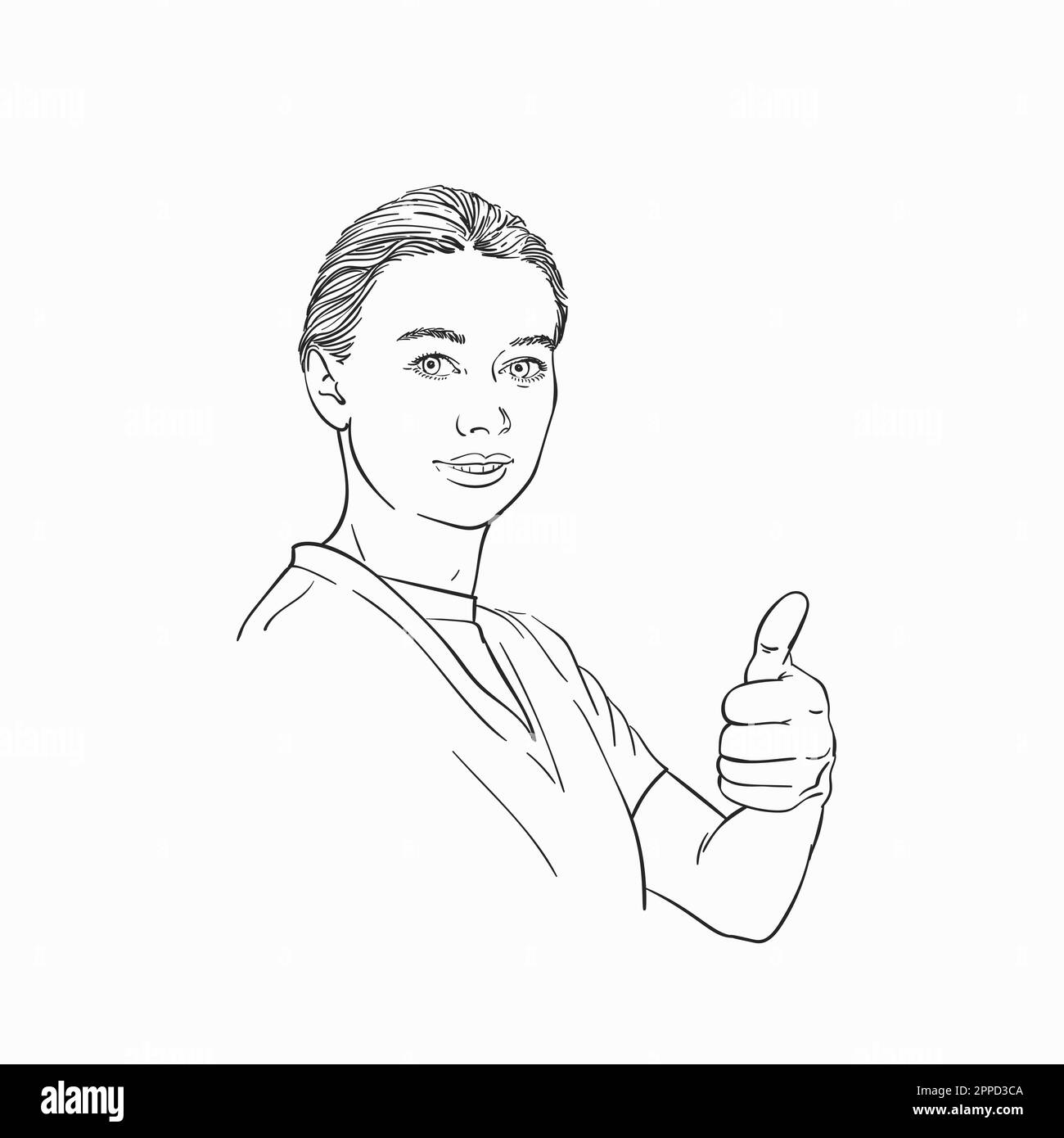 Sketch of young woman showing thumb up gesture, Hand drawn vector ...