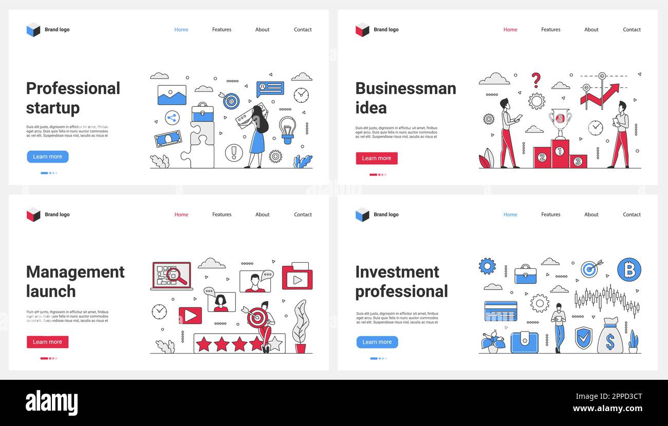 Startup launch and investment, professional idea management set vector ...