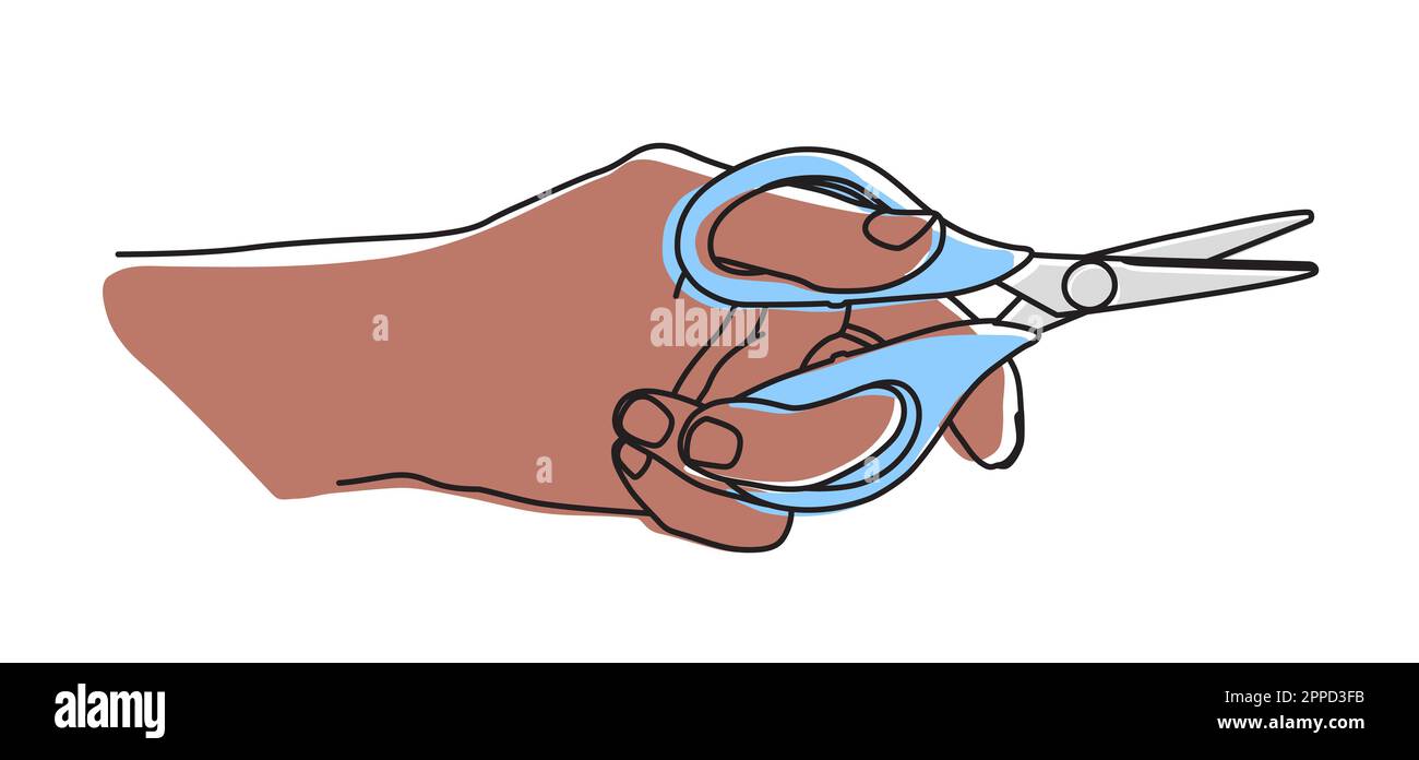 Hand holding scissors, cutting montion. Hand drawn with thin line ...