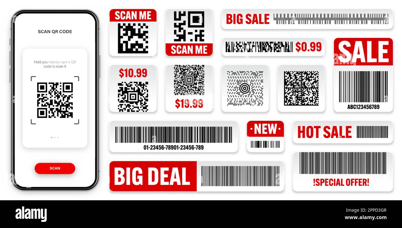 Product barcodes and QR codes. Smartphone application, scanner app. Sale stickers, discount ...