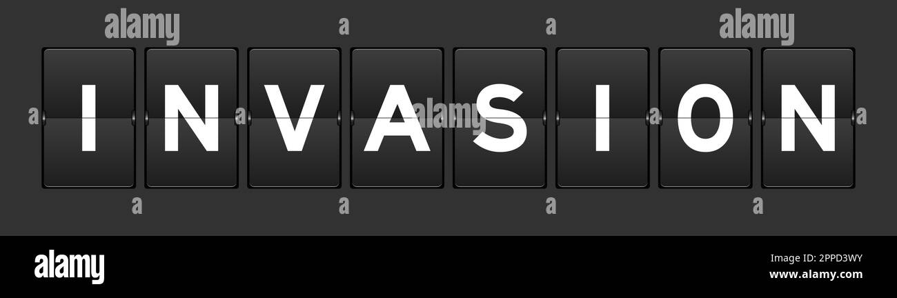 Black color analog flip board with word invasion on gray background ...