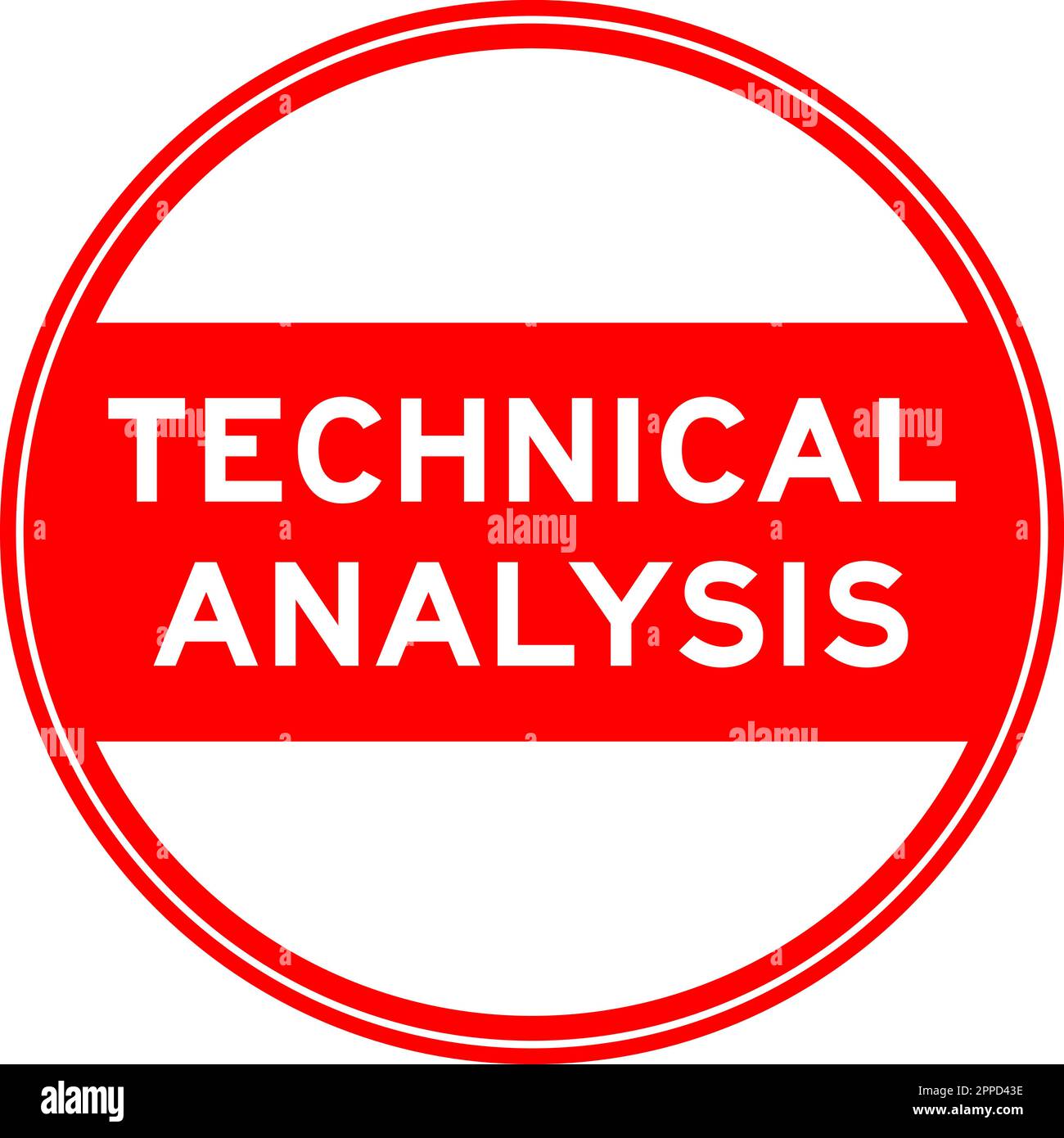 Red color round seal sticker in word technical analysis on white ...