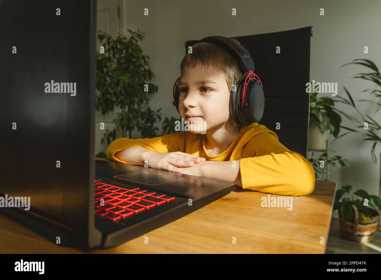 Boy wearing headset using computer at home Stock Photo - Alamy