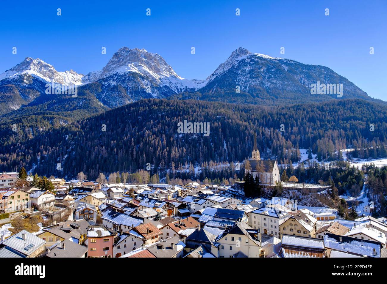 Switzerland, Graubunden Canton, Scuol, View of winter town in Engadine ...