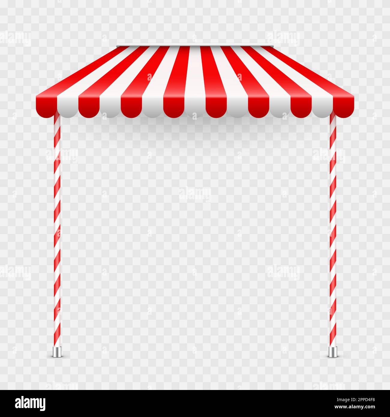 Red shop sunshade with stand holders. Realistic striped cafe awning ...