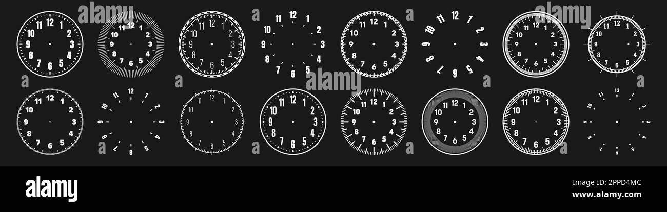 Mechanical clock faces with arabic numerals, bezel. White watch dial with minute, hour marks and ...