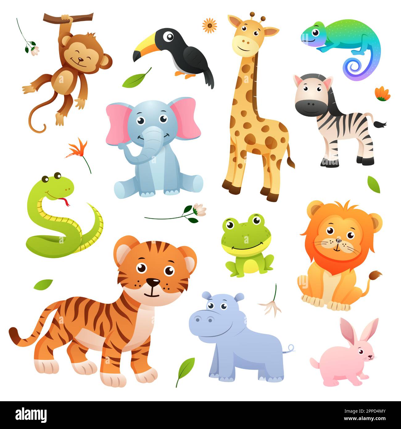 Set of wildlife animals cartoon character with decorative natural ...