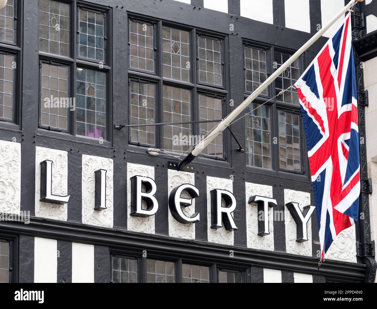 Close-up view of the sign and union jack flag on Liberty department ...