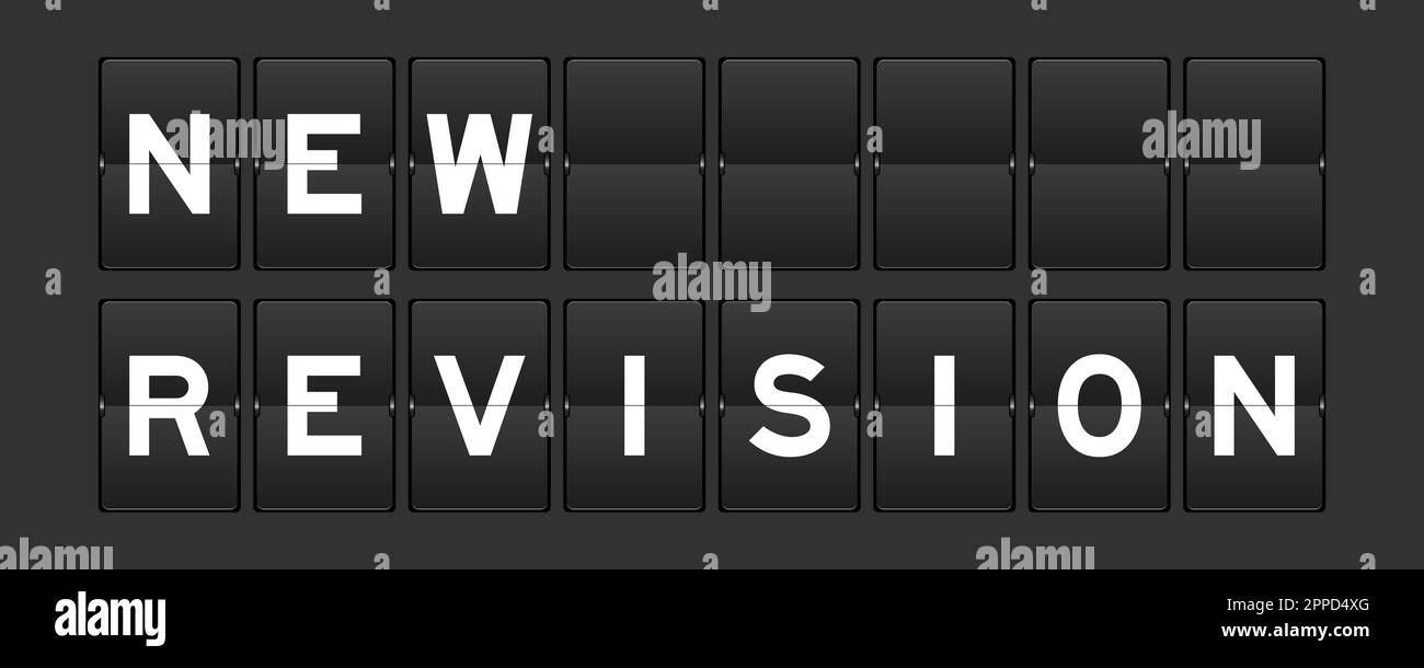 Black color analog flip board with word new revision on gray background ...