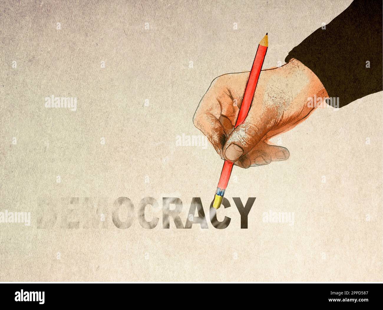 Hand holding pencil and erasing democracy text Stock Photo - Alamy