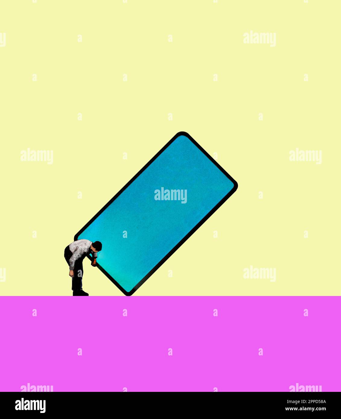 Man lifting large smart phone and searching underneath Stock Photo - Alamy