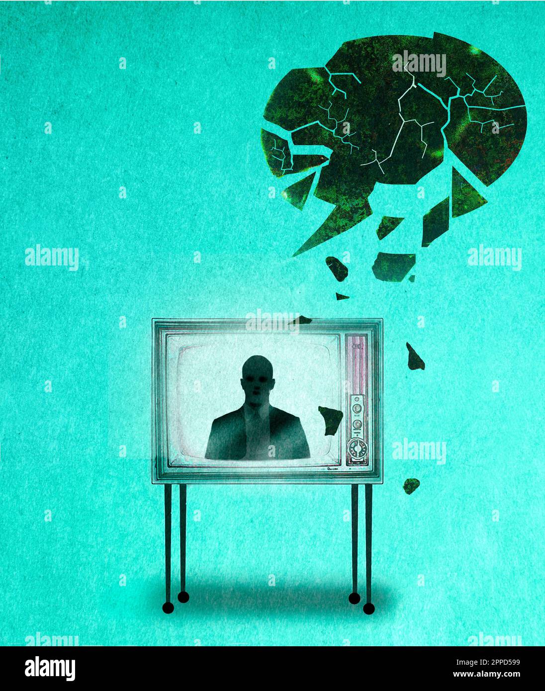 Broken speech bubble over television with journalist Stock Photo - Alamy