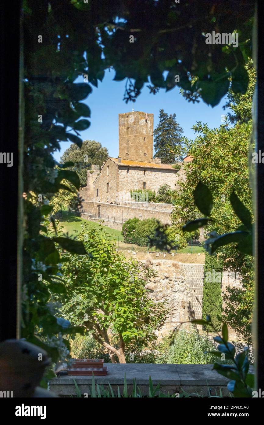 Italy, Lazio, Tuscania, Torre di Lavello seen through window Stock ...