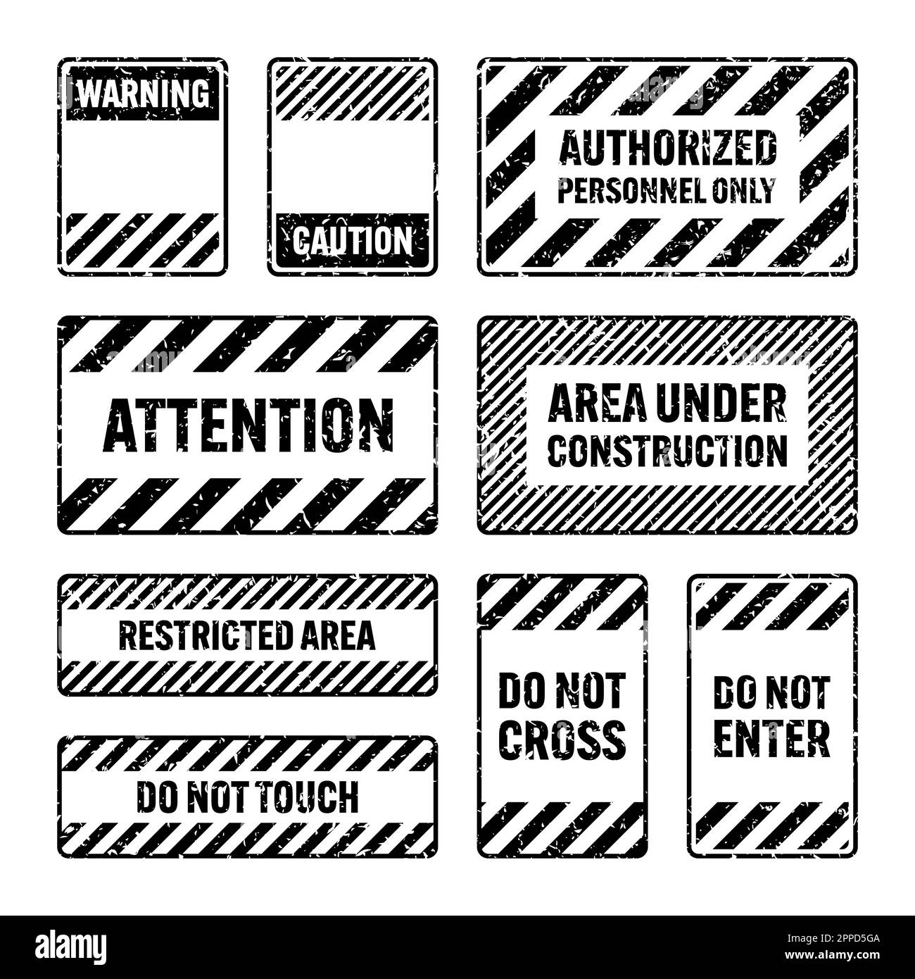 Various black grunge warning signs with diagonal lines. Old attention ...
