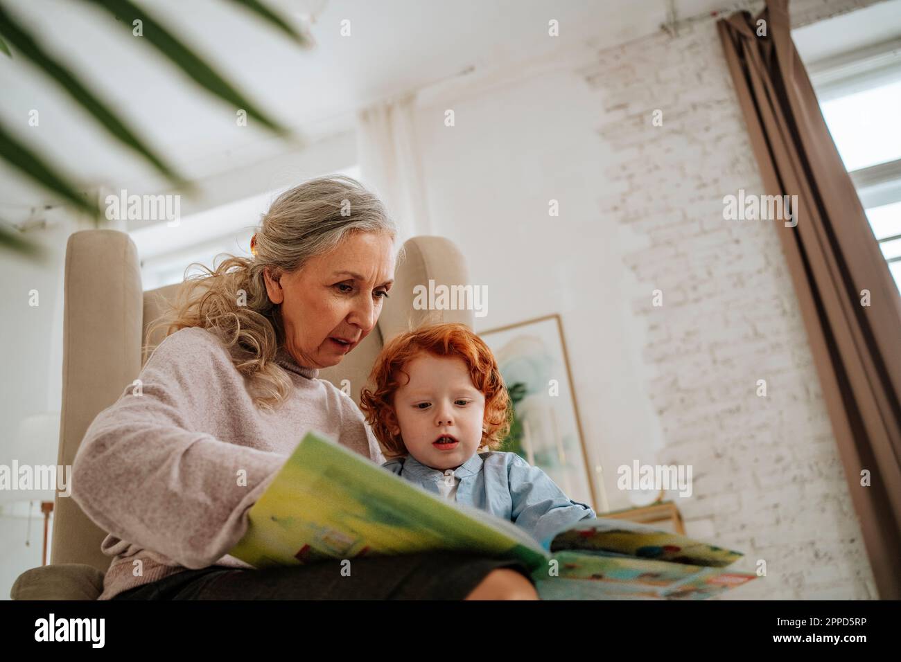 Grandmother reading book with grandson at home Stock Photo - Alamy