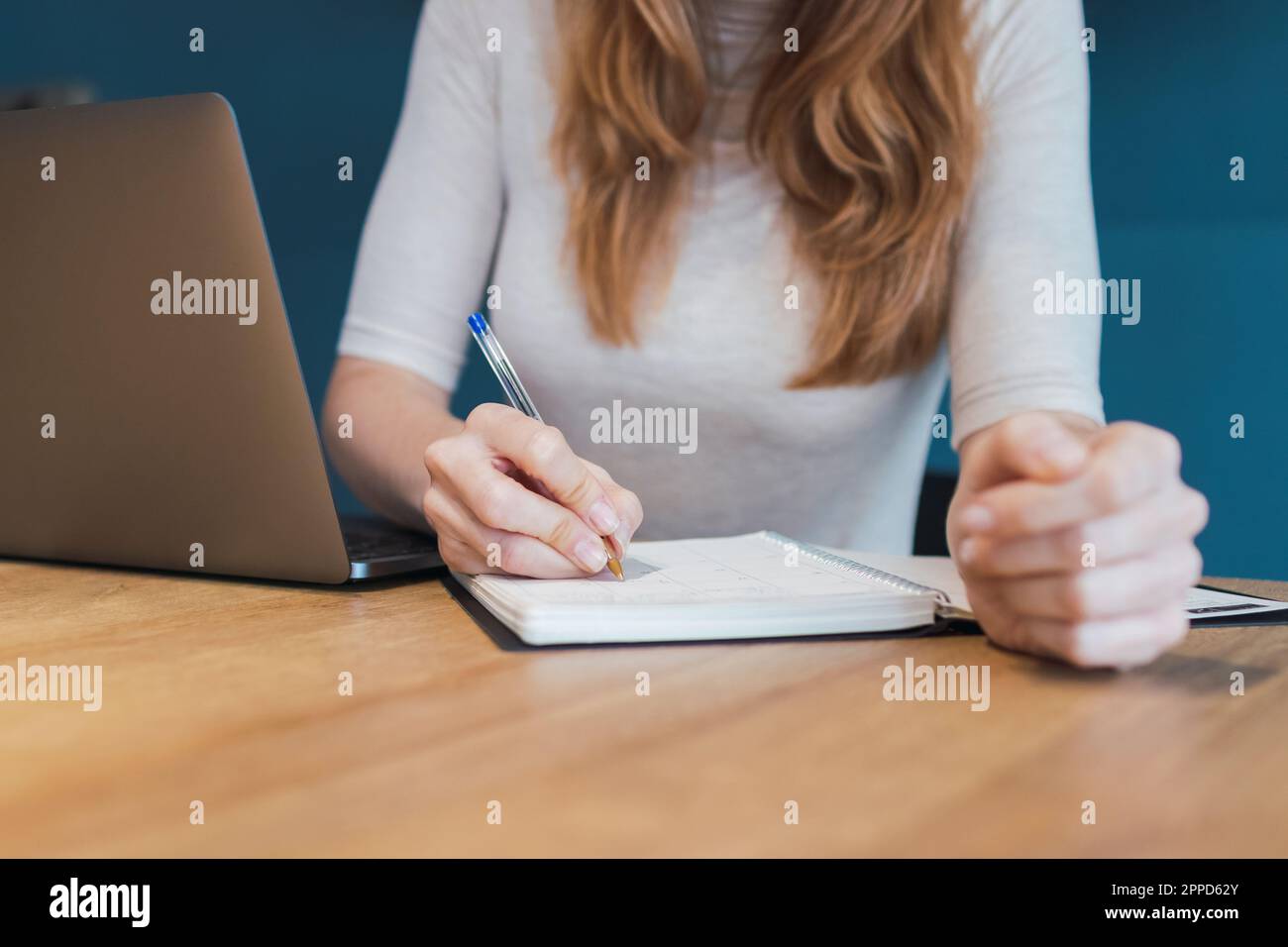 Freelancer taking down notes in diary at desk in home office Stock ...