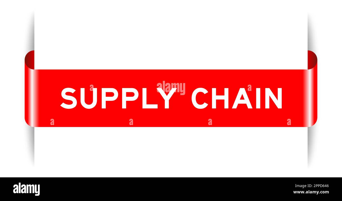 Red color inserted label banner with word supply chain on white ...