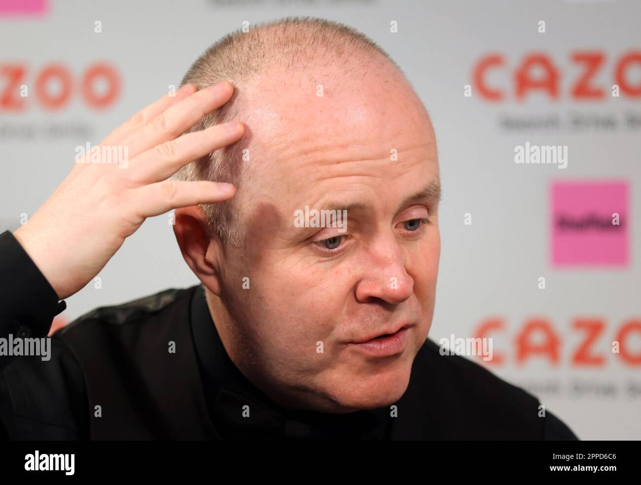 John Higgins post match interview during day nine of the Cazoo World ...