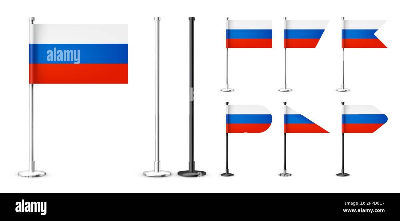 Realistic various Russian table flags on a chrome steel pole. Souvenir ...