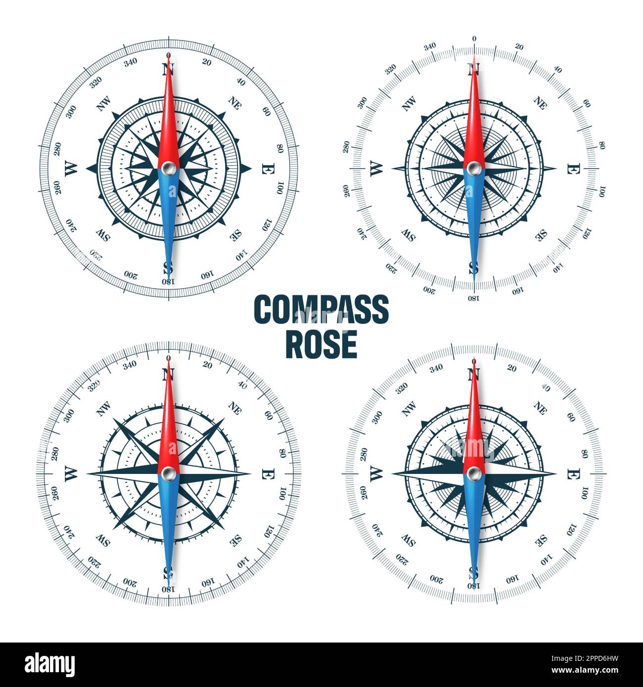 Marine compass, nautical wind rose with cardinal directions of North ...