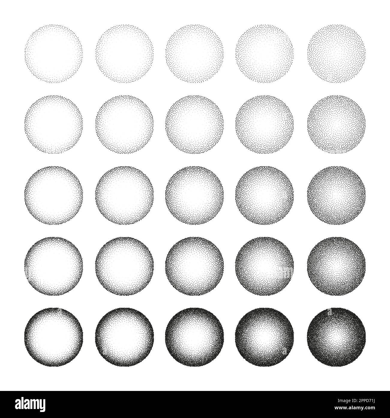 Round shaped dotted objects, stipple elements. Fading gradient ...