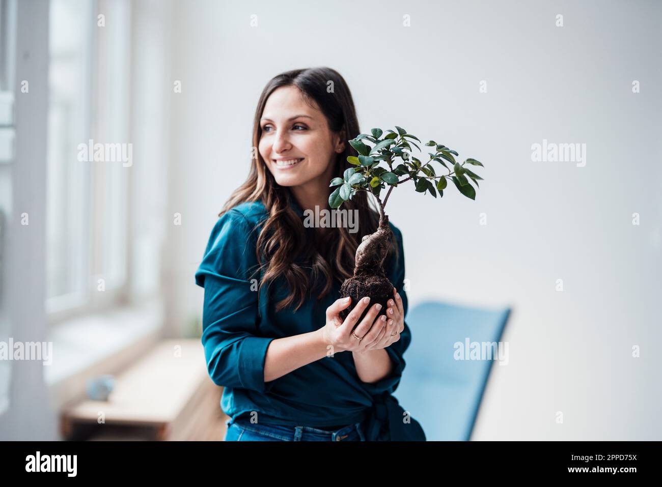 Happy young woman holding Bonsai tree at home Stock Photo - Alamy