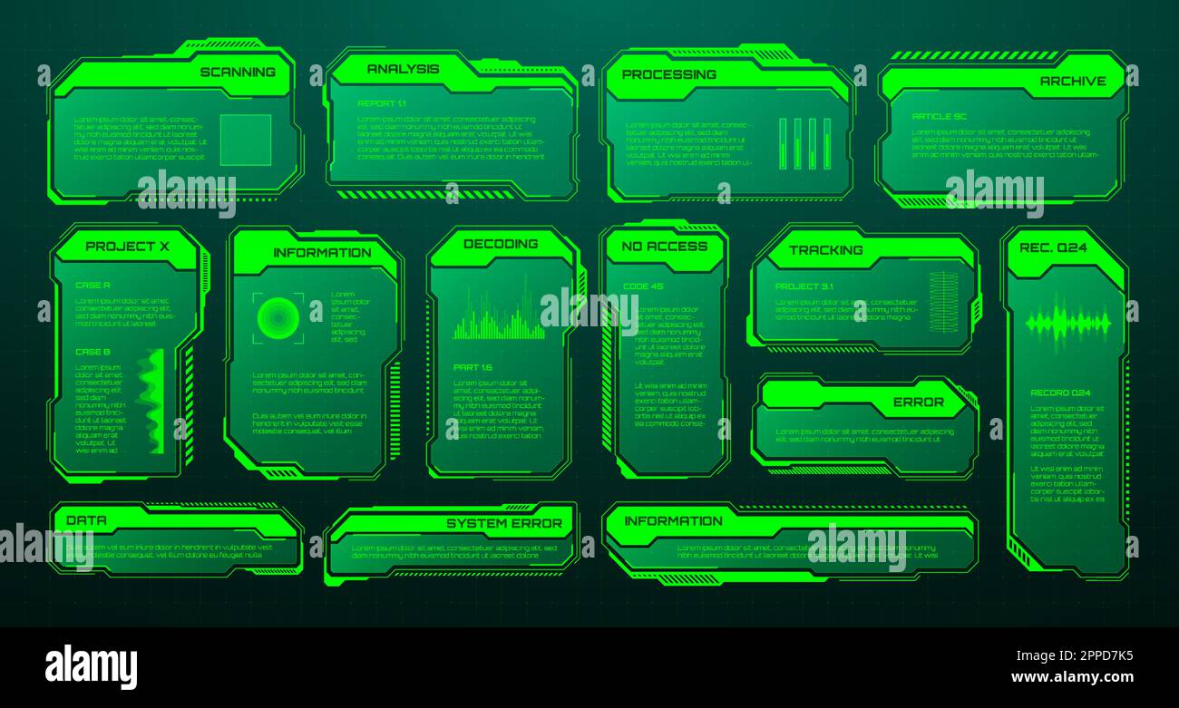 Green futuristic HUD, UI elements. Sci-fi user interface text boxes ...