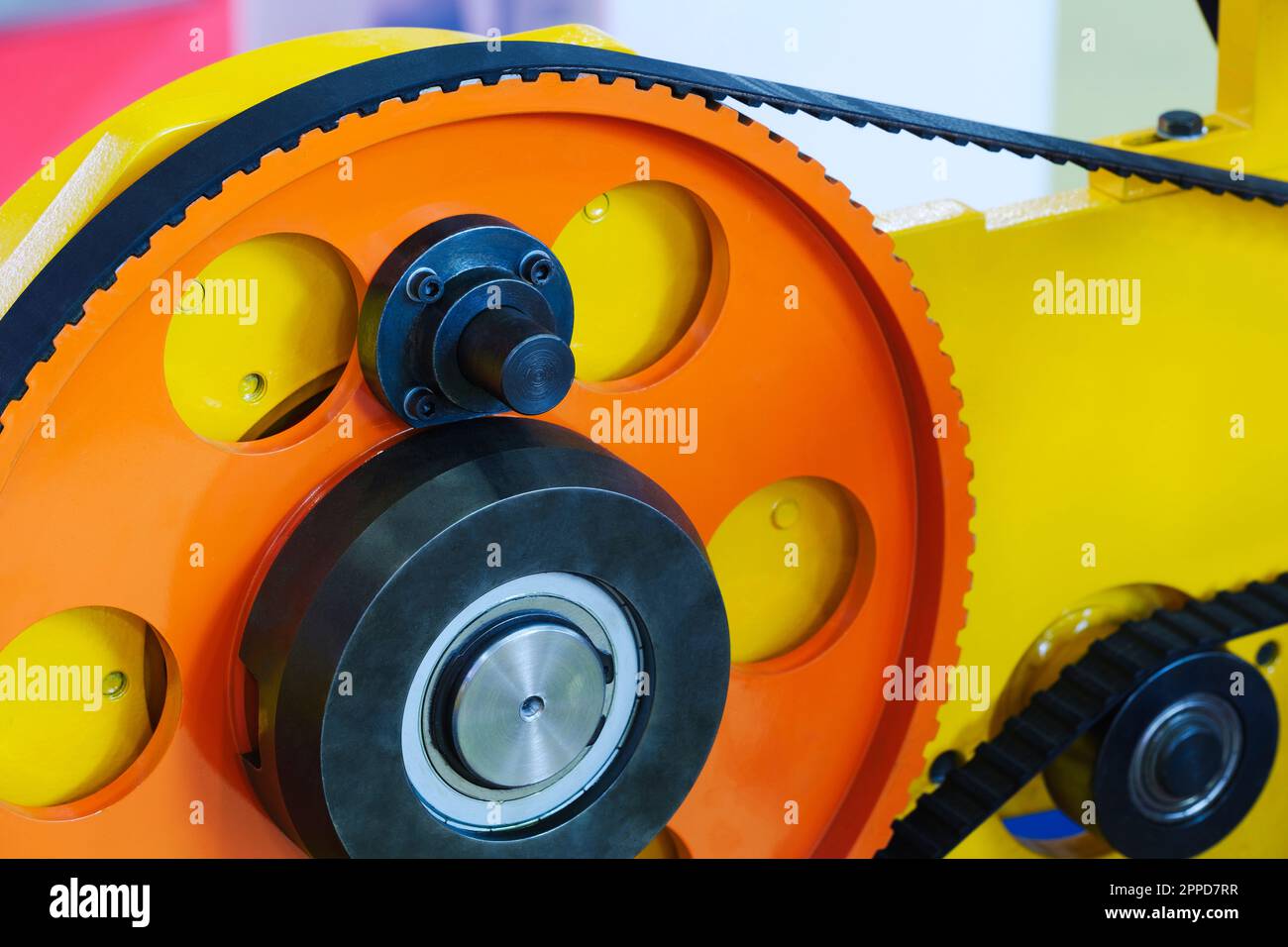 Belt transmission close up, industrial technology concept background ...