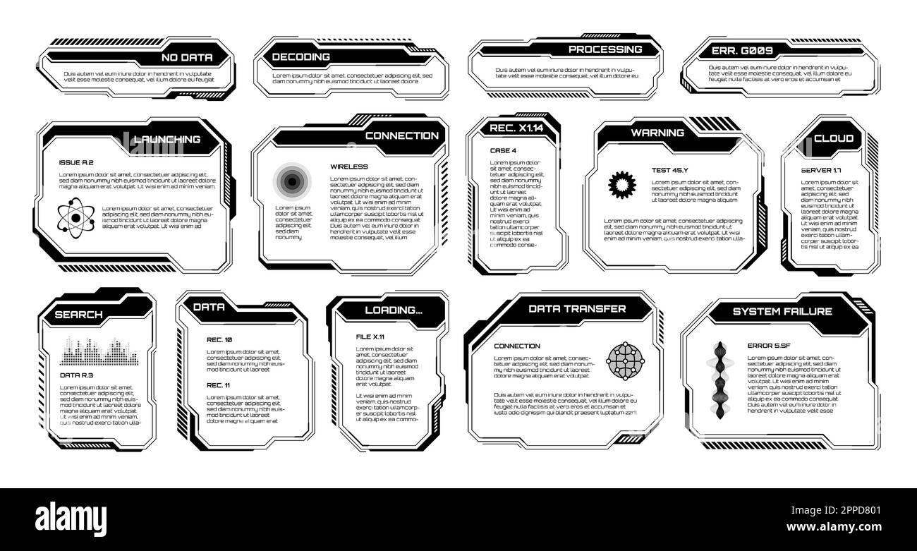 Black futuristic HUD, UI elements. Sci-fi user interface text boxes ... Black futuristic HUD, UI elements. Sci-fi user interface text boxes ...