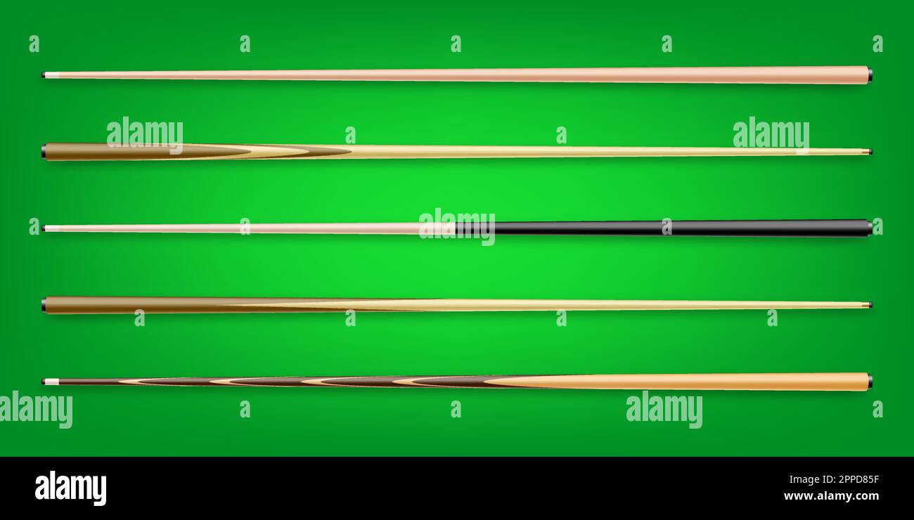 Various wooden billiard cues on green background. Snooker sports ...