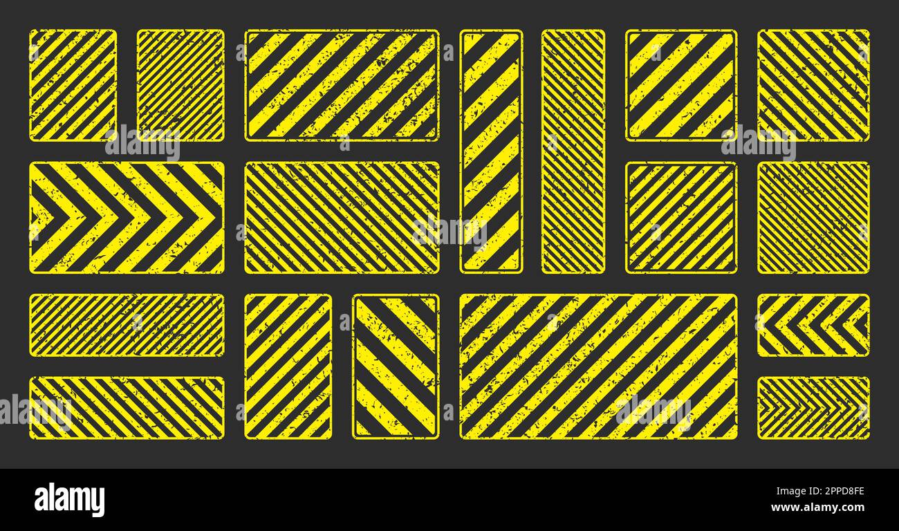 Various yellow grunge warning signs with diagonal lines. Old attention ...
