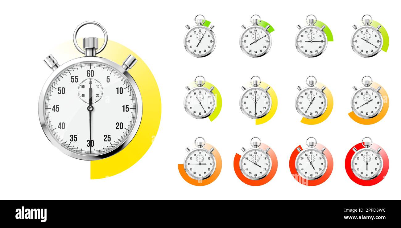 Realistic classic stopwatch. Shiny metal chronometer, time counter with ...