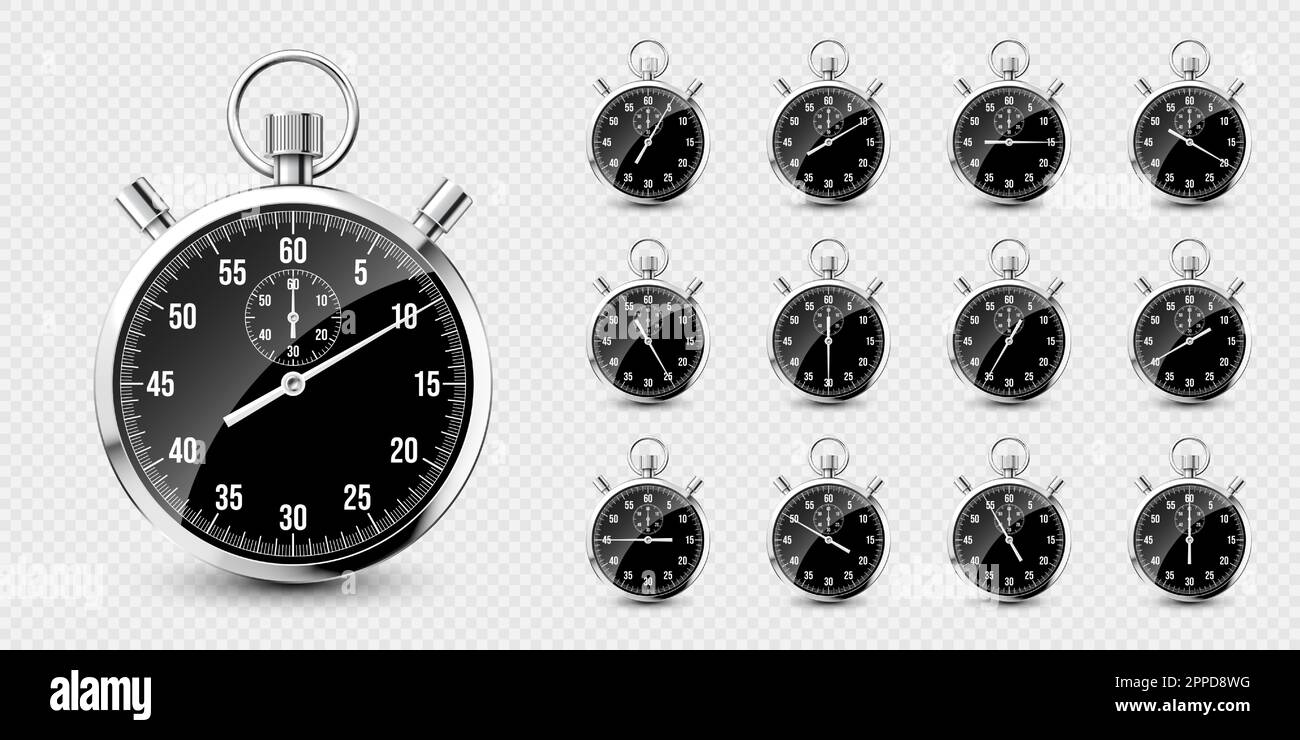 Realistic classic stopwatch. Shiny metal chronometer, time counter with ...