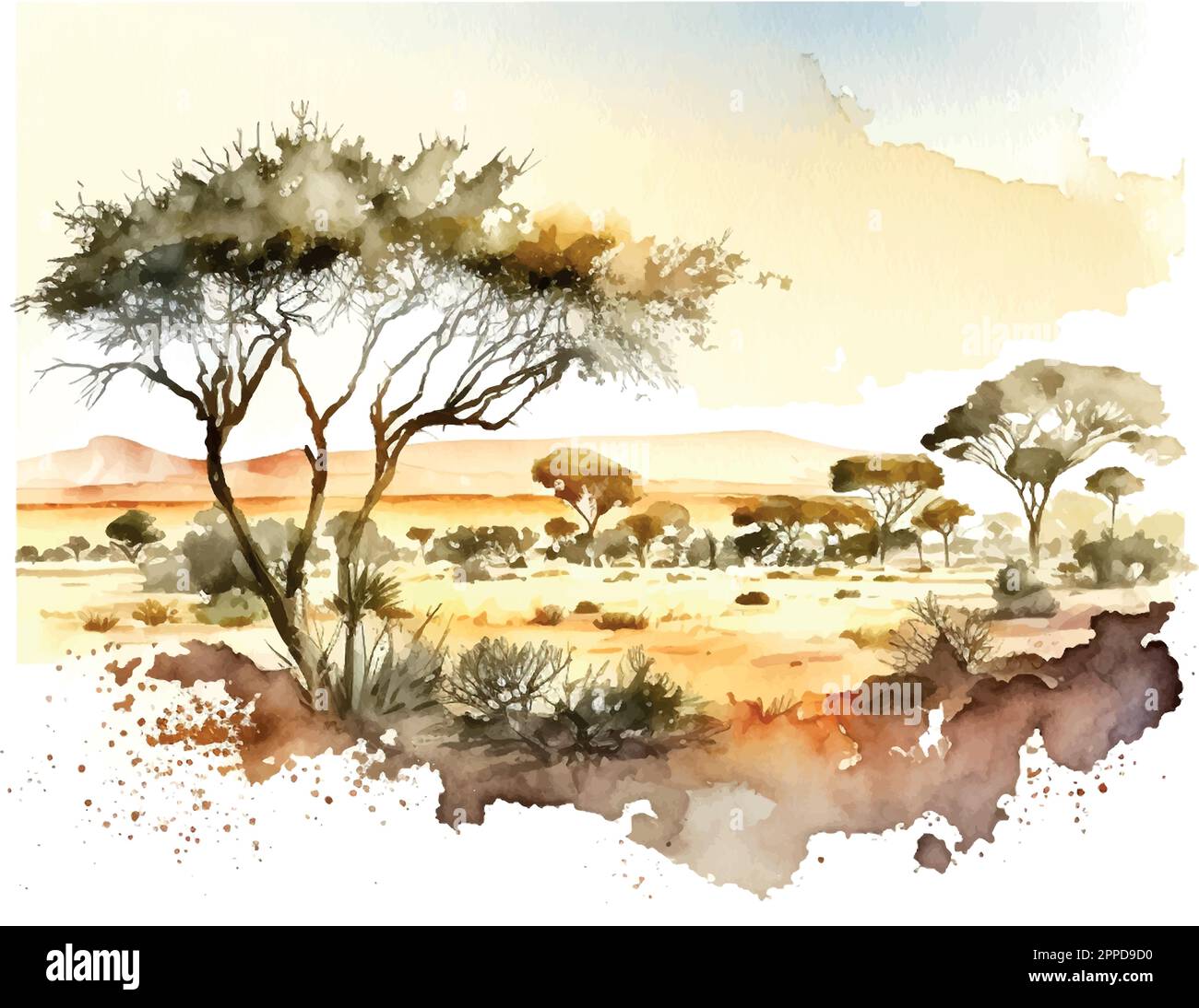 Vector pastel horizontal illustration with African landscape, meadow ...