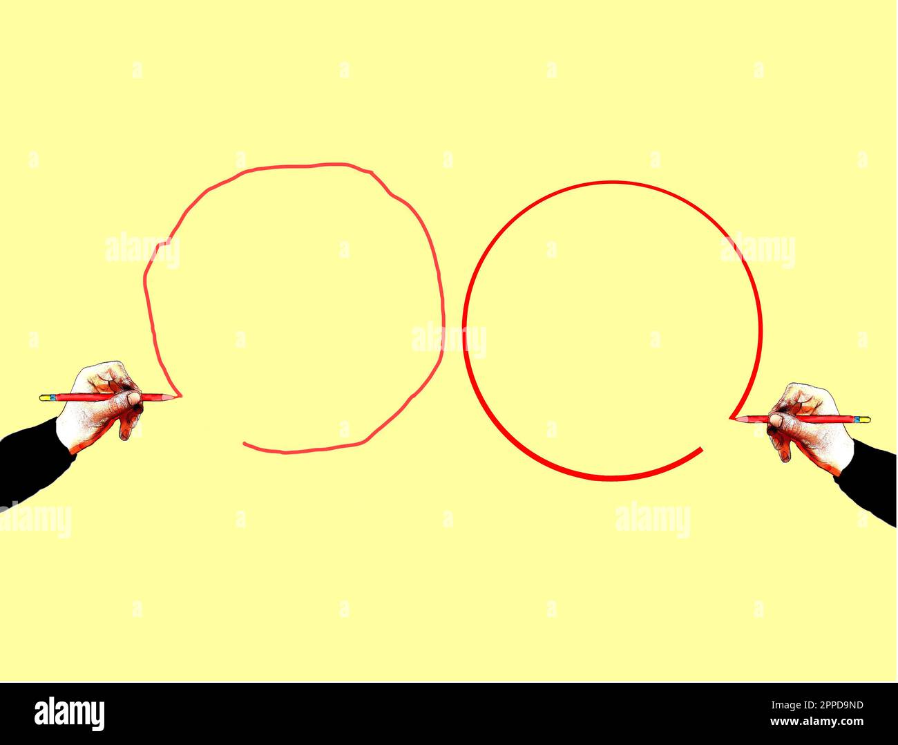Hands of two people drawing circles against yellow background Stock ...