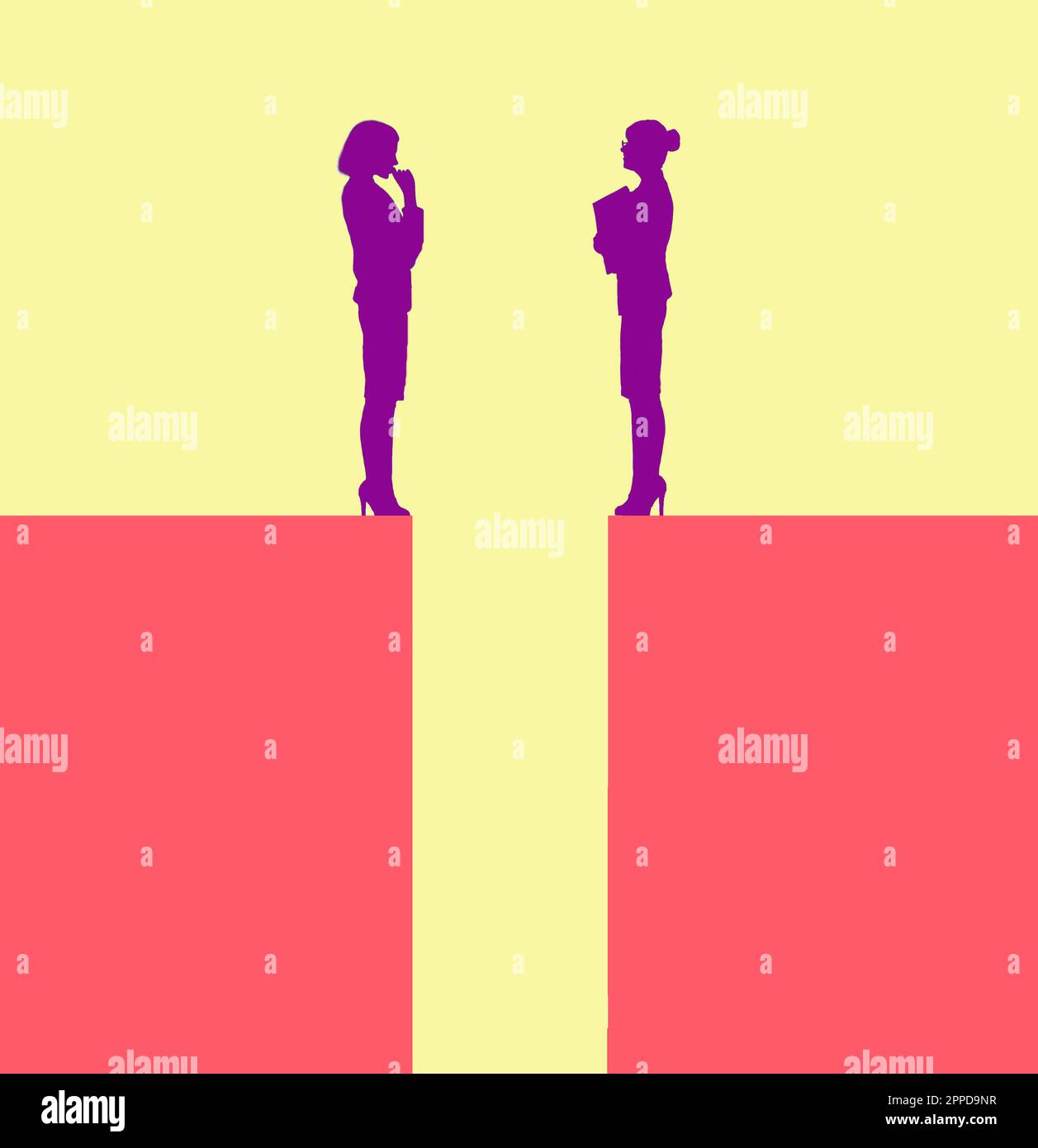 Two businesswomen talking from edges of separate blocks Stock Photo - Alamy