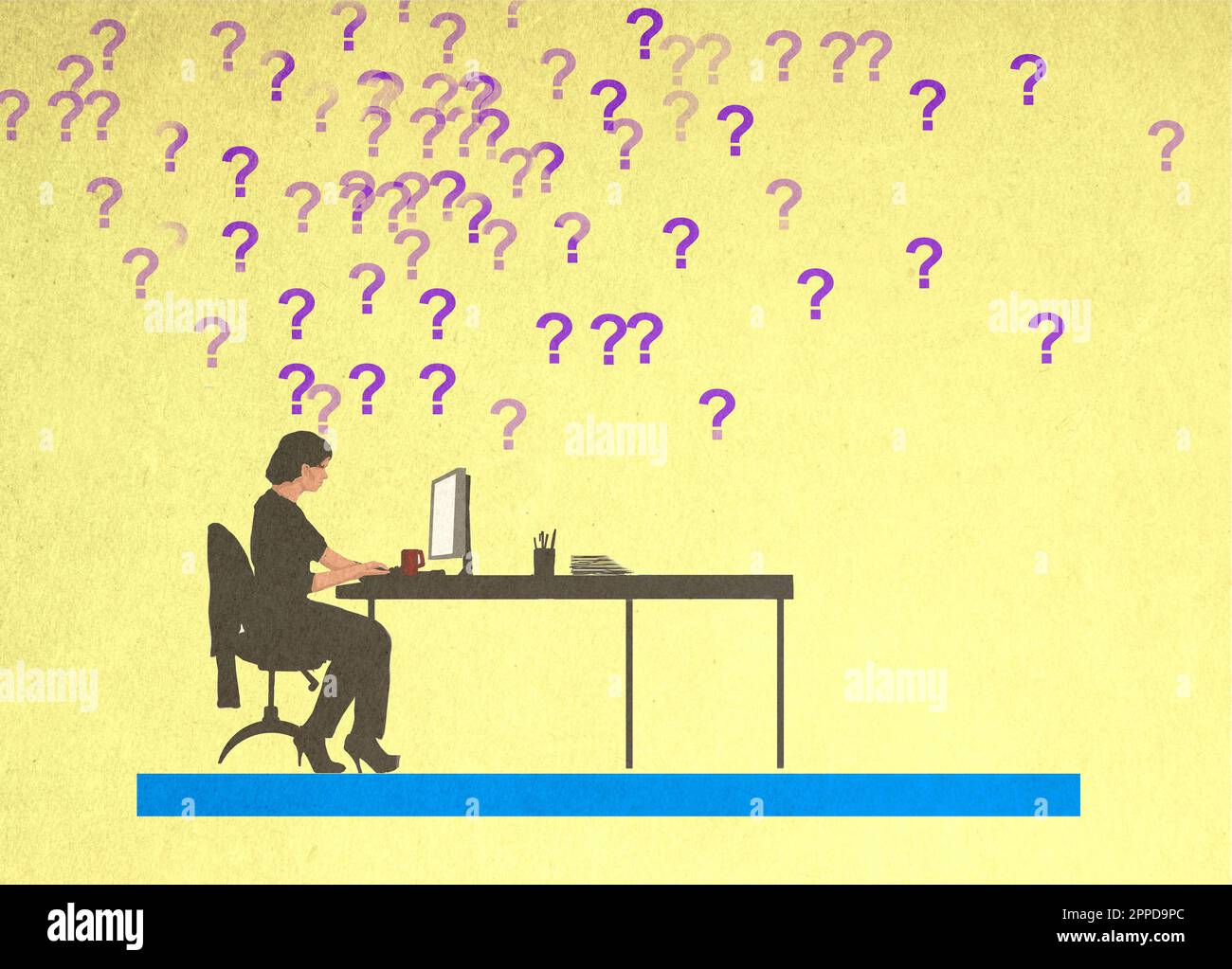 Question marks floating over woman working at desk Stock Photo - Alamy