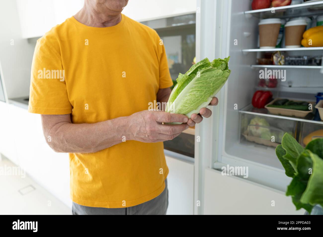 Senior man holding chinese cabbage in kitchen at home Stock Photo - Alamy
