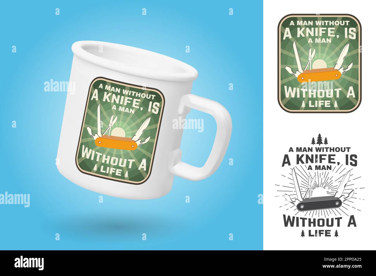 White camping cup. Realistic mug mockup template with sample design. A ...