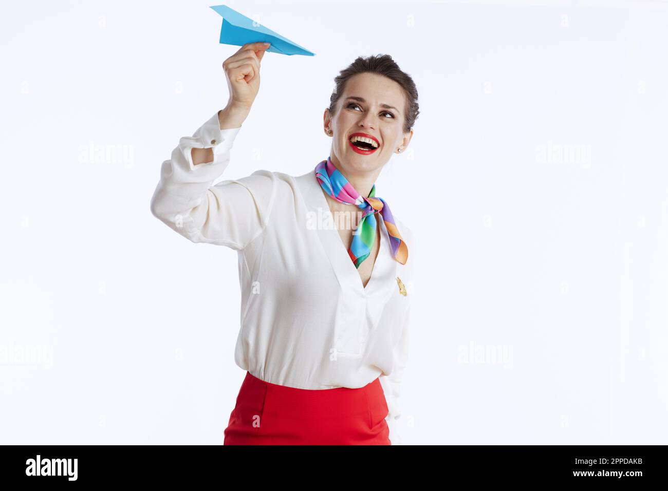 happy elegant female stewardess isolated on white background in uniform ...