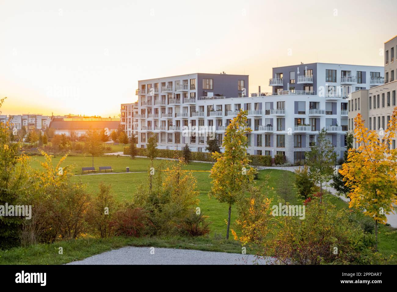Germany, Bavaria, Munich, Modern suburb at sunset Stock Photo - Alamy