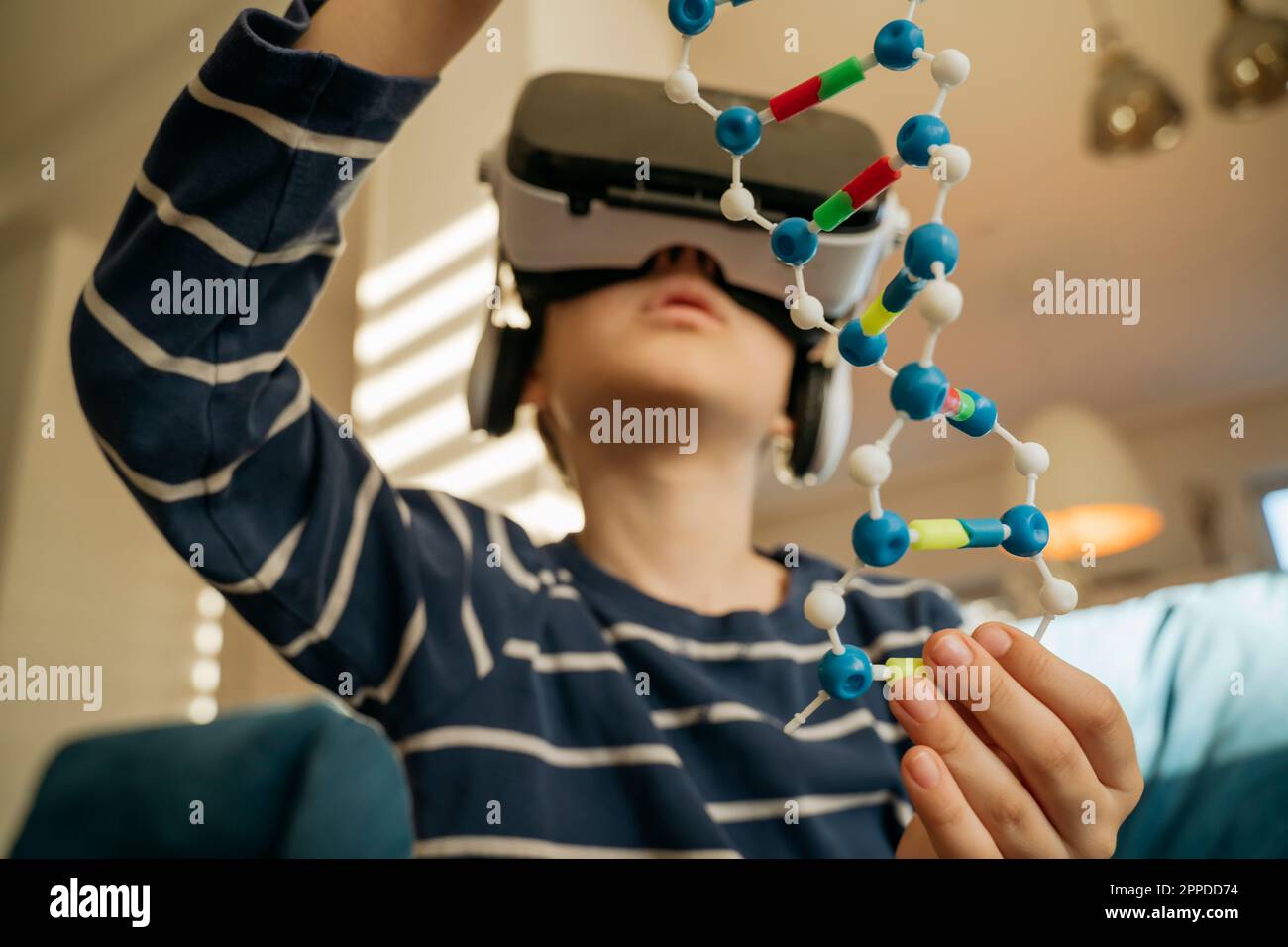 Boy examining DNA model through VR glasses at home Stock Photo - Alamy