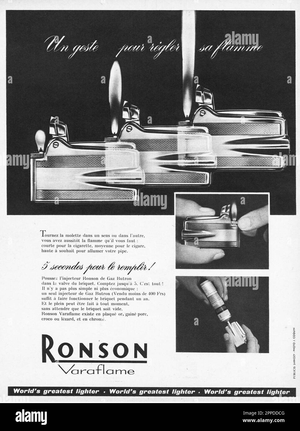 Ronson Varaflamme gas pocket lighter French print ad,1959 Stock Photo ...